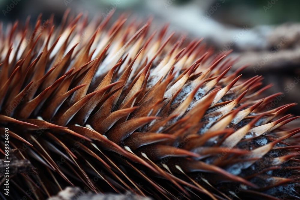 A detailed close-up view of the spiky spines of an animal. This image ...