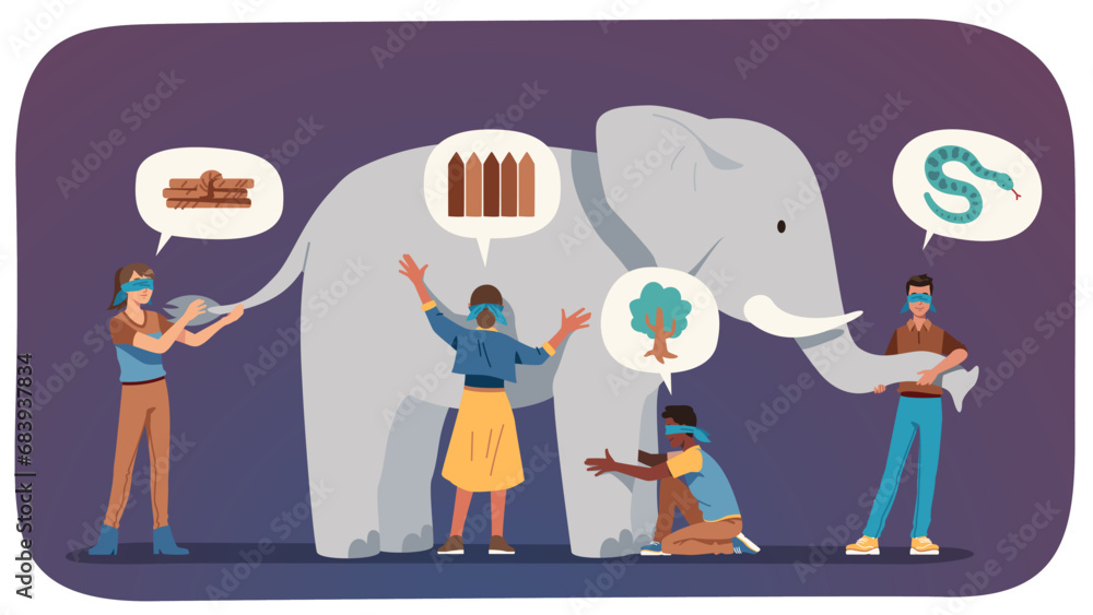 Elephant in dark room concept metaphor. Blind people different ...