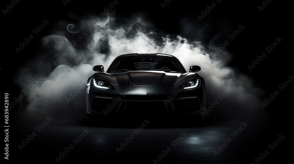 Black sports car on a black background in the center. Smoke and ...