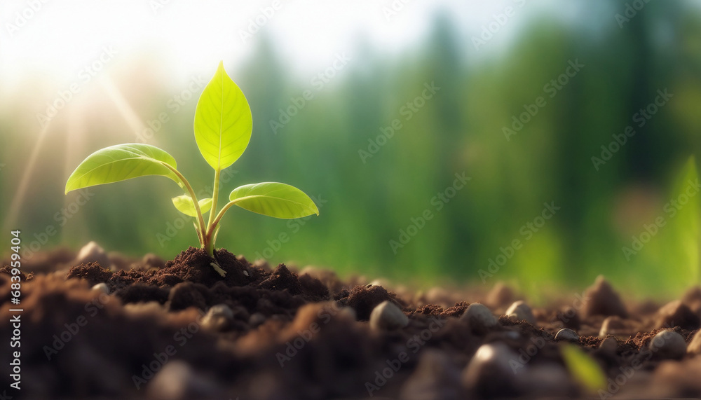 A vibrant young tree sapling rises from the dark soil, bathed in sunlight—a visual ...