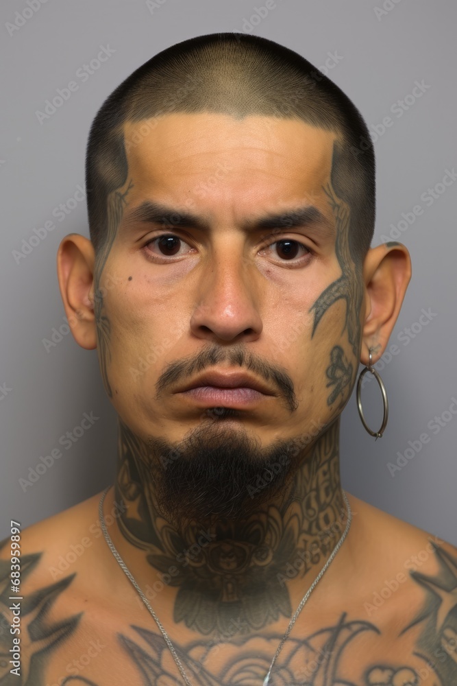 headshot mugshot of a gang member hispanic man looking at the camera ...