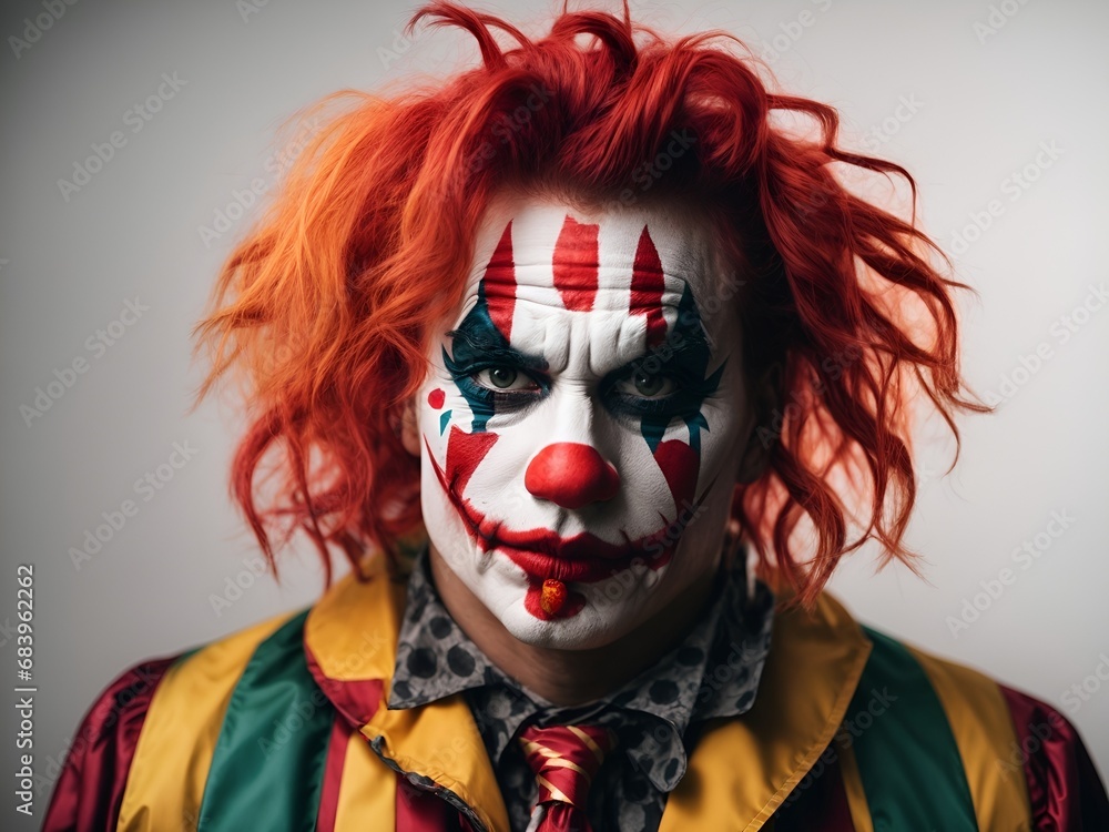 Portrait of a scary crazy looking maniac killer clown laughing with ...
