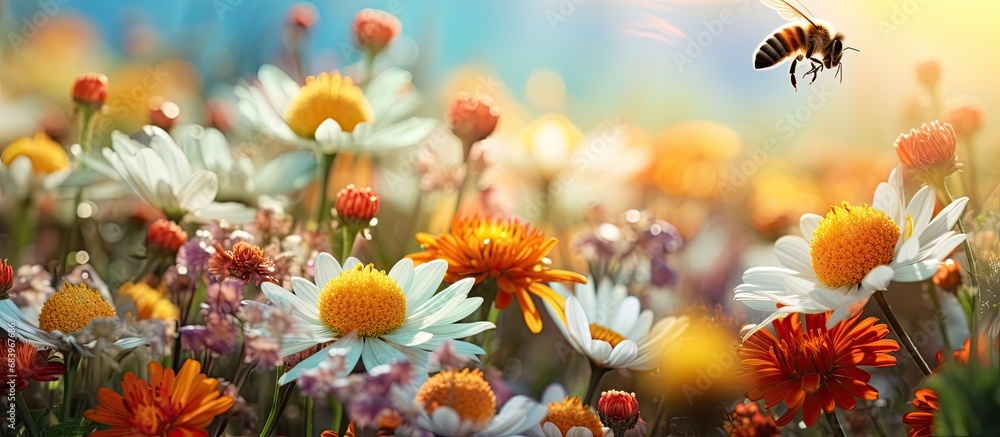 In the vibrant garden, buzzing bees flit from beautiful flower to ...