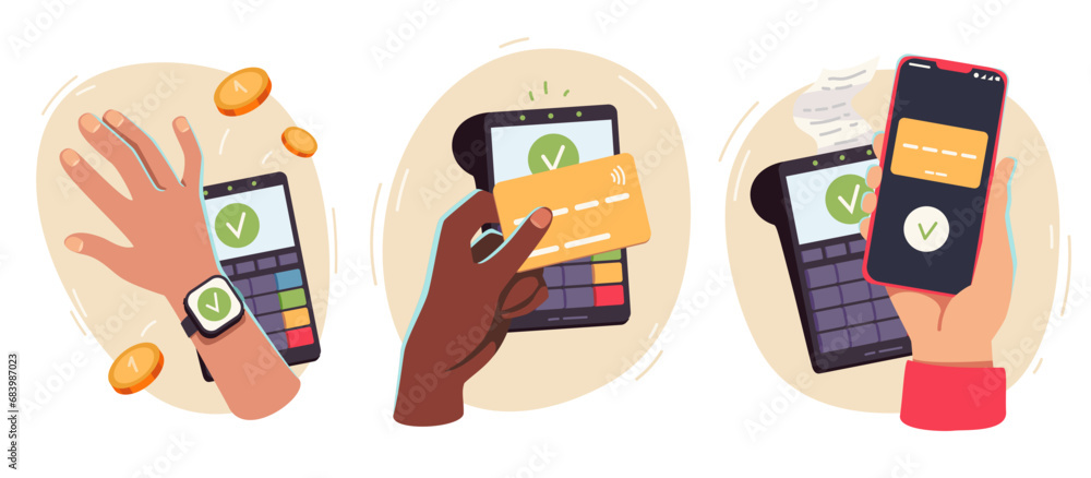 Contactless payment transaction technology set. Person hand buy paying ...