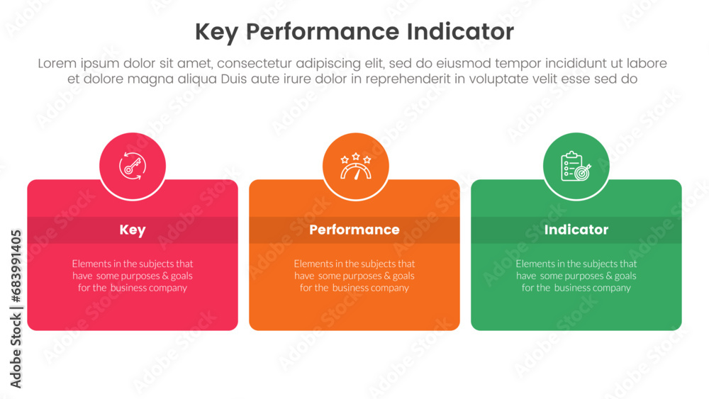 kpi key performance indicator infographic 3 point stage template with round box and circle badge ...