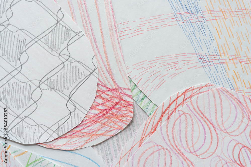 blank sketchbook paper with freehand patterns (lines, grids, squiggly ...