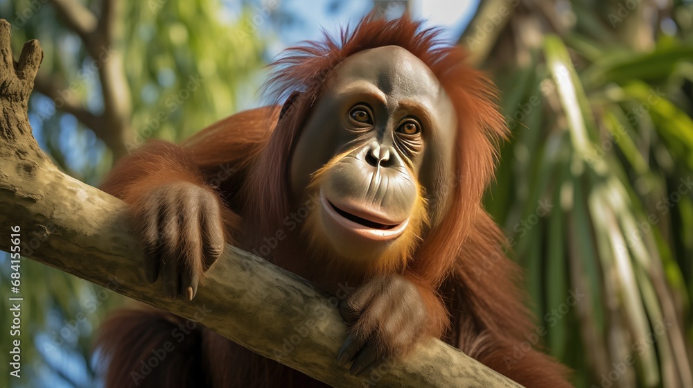 Sumatran Orangutan swinging from a tree branch, frozen mid-air. Playful ...