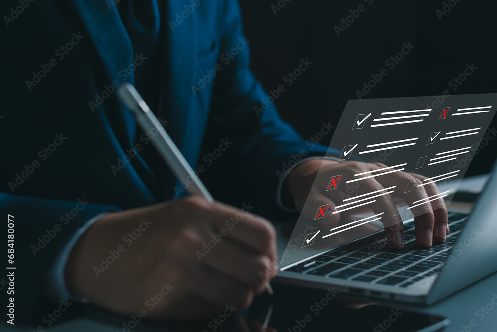 Check list concept. Businessman tick off questionnaire, survey, test ...