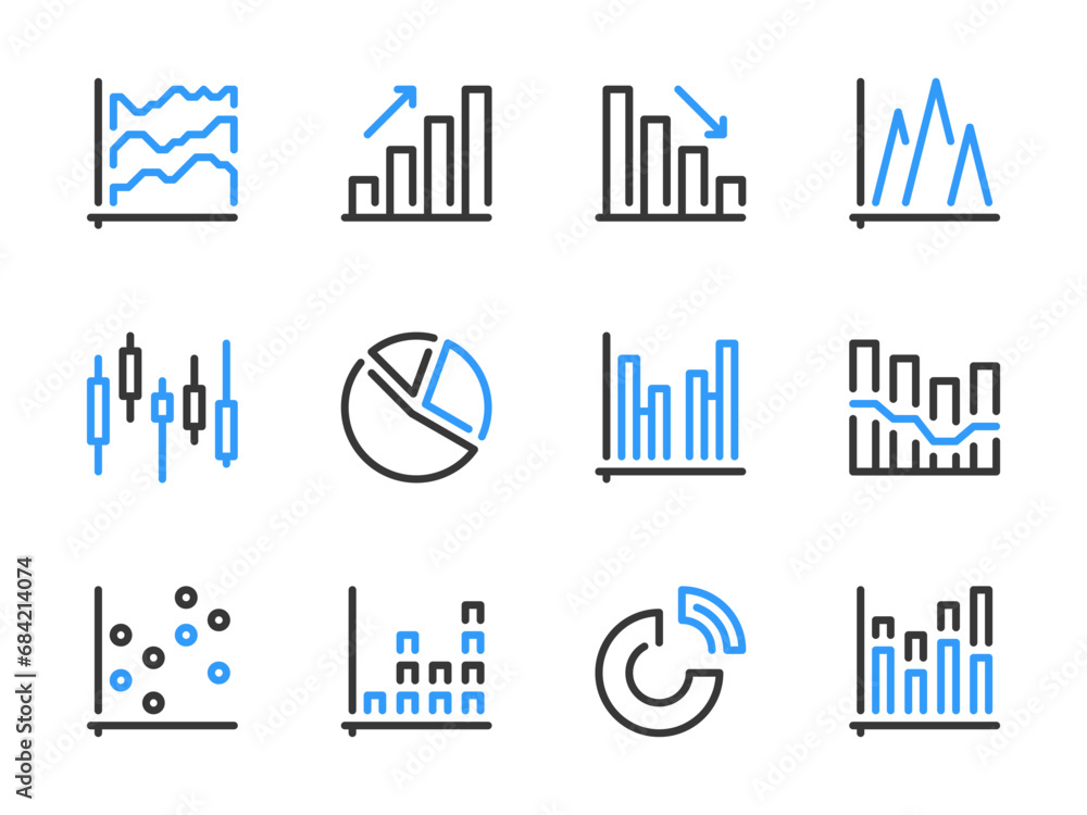 Graph and Chart vector line icons. Graphical Data Report outline icon ...