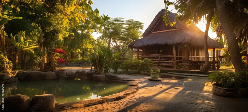 Professional Photo of a Bahay Kubo. Wooden House Camp Next to a Little ...