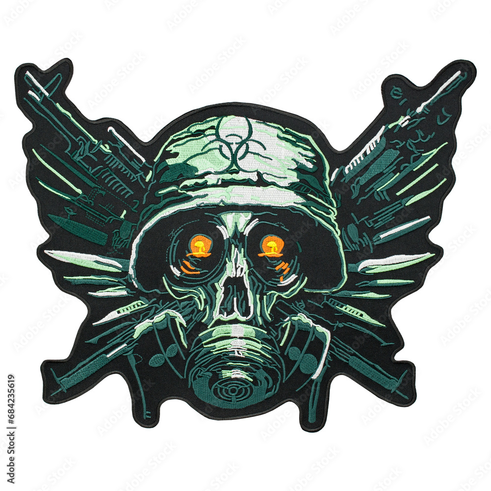 Embroidered patch skull in a helmet with assault rifles. Accessory for rockers, metalheads ...
