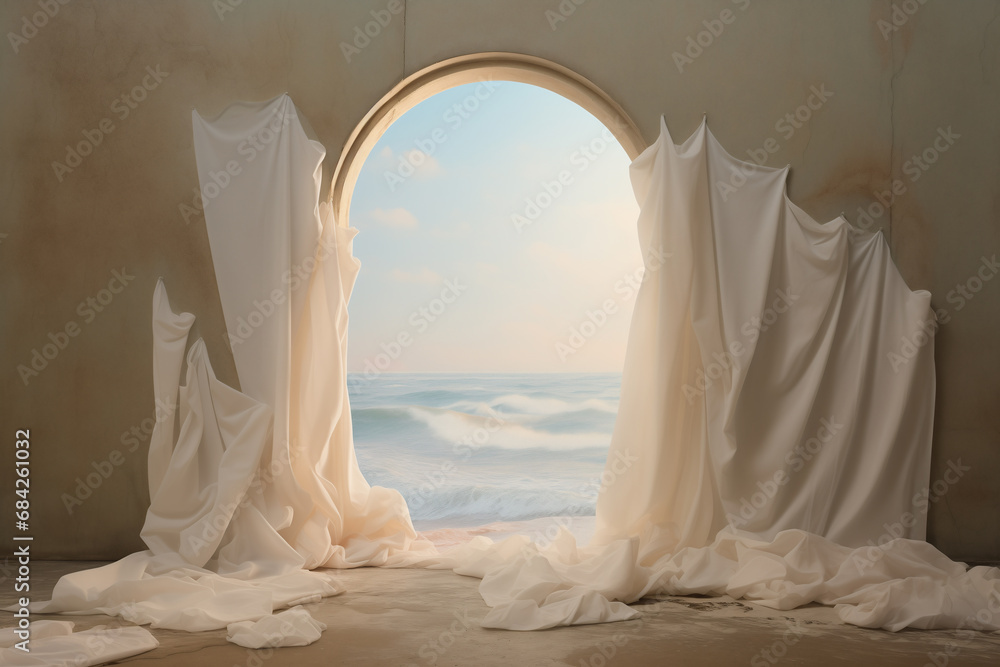 Lucid dreamlike room with large windows and curtains and calming ocean ...