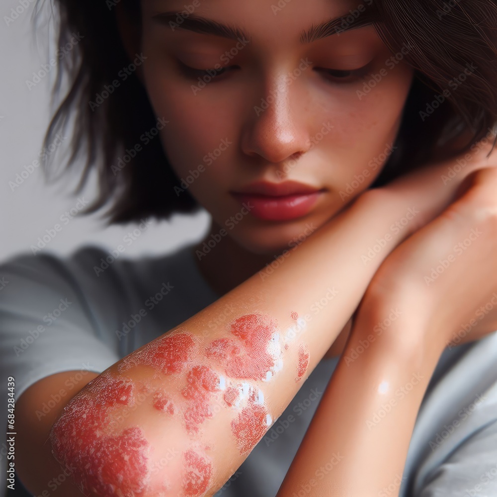 Young woman suffering from itching on her skin and scratching an itchy ...