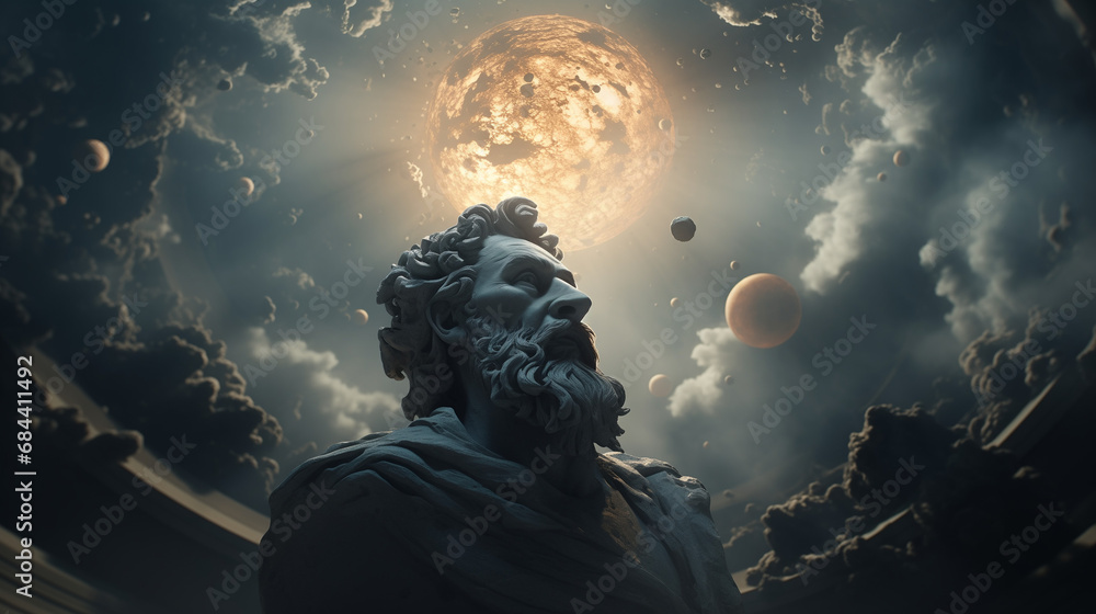 Statue of a bearded philosopher gazing at the cosmos, symbolizing ...