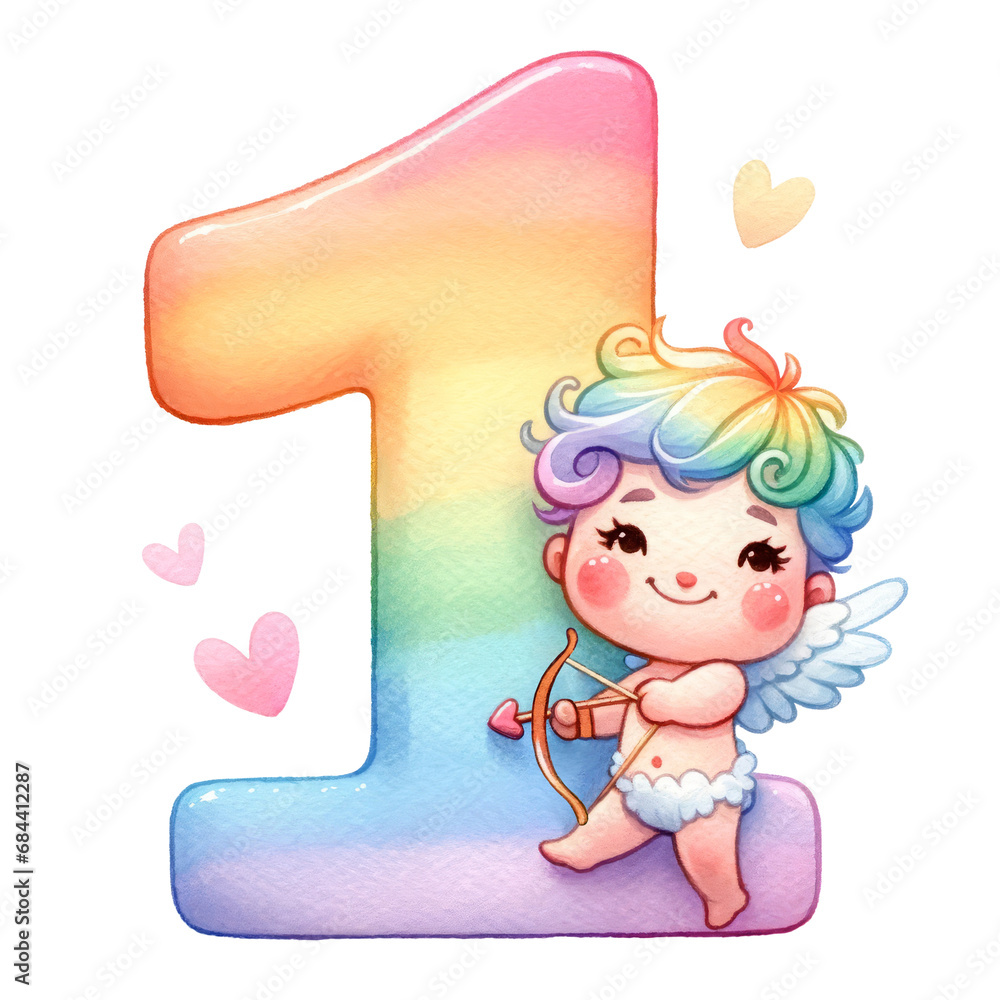 Number 1 Cupid Rainbow Watercolor Nursery Hand drawn Style Clipart-PNG ...