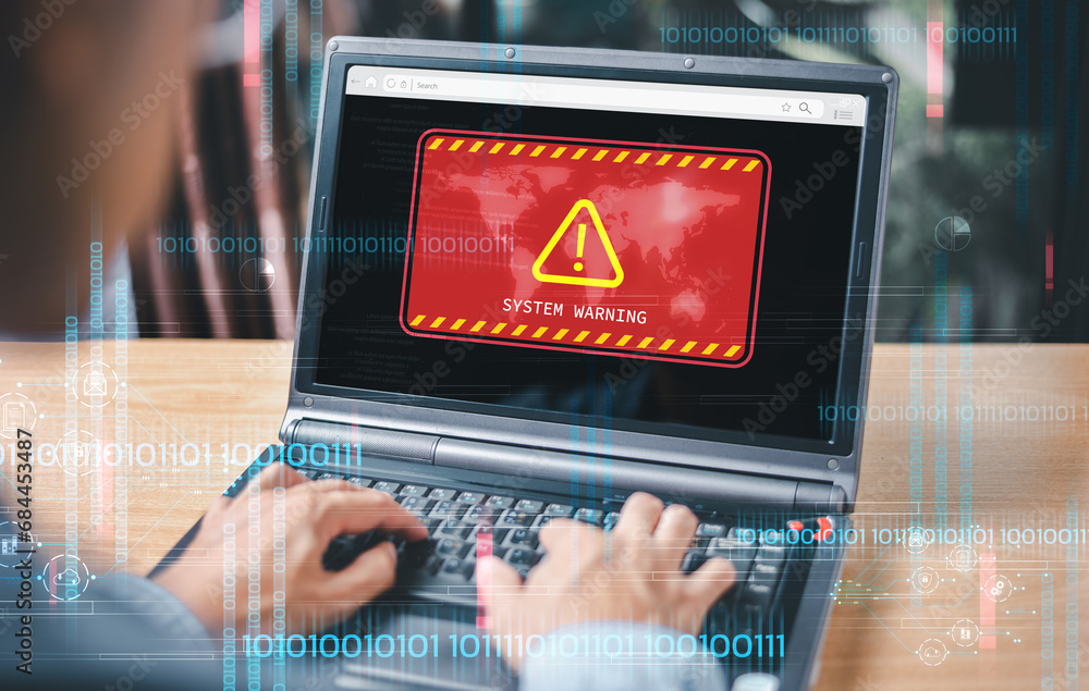 Attack system warning hacked alert on computer screen, cyber scam. Cybersecurity vulnerability ...