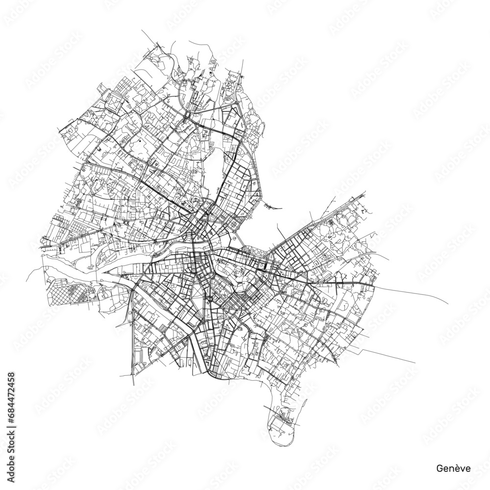 Geneva city map with roads and streets, Switzerland. Vector outline ...