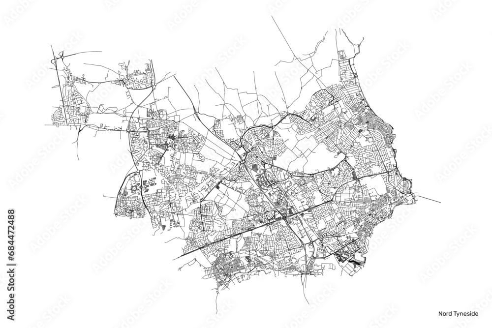 Nord Tyneside city map with roads and streets, United Kingdom. Vector ...