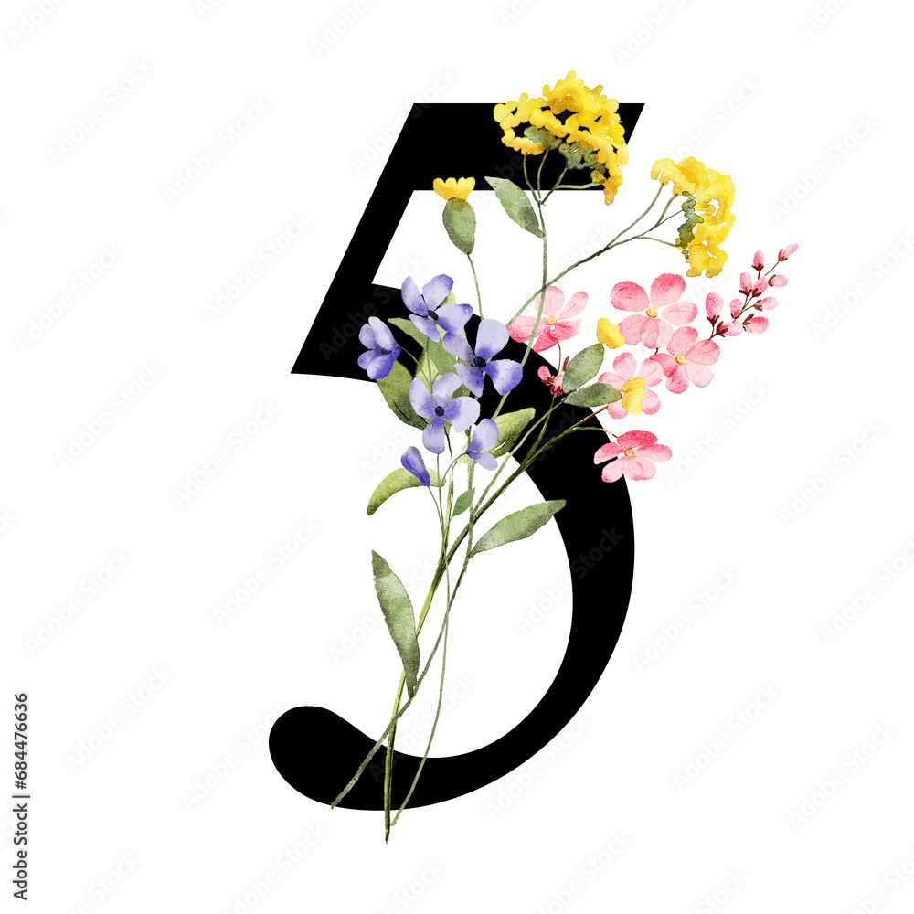 Number 5, five with watercolor flowers hand painting. Perfectly for ...