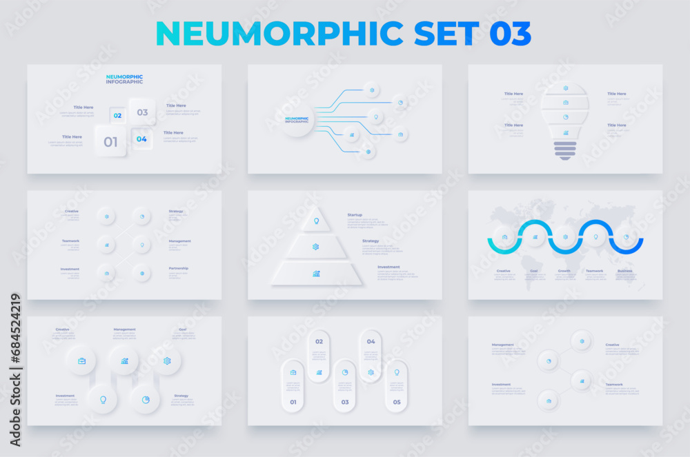 Nine slides with neumorphic infographics elements. Timelines, pyramid ...