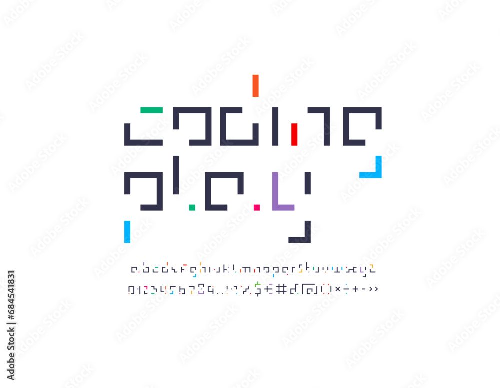 Coding lines font, technology alphabet, digital letters and numbers ...
