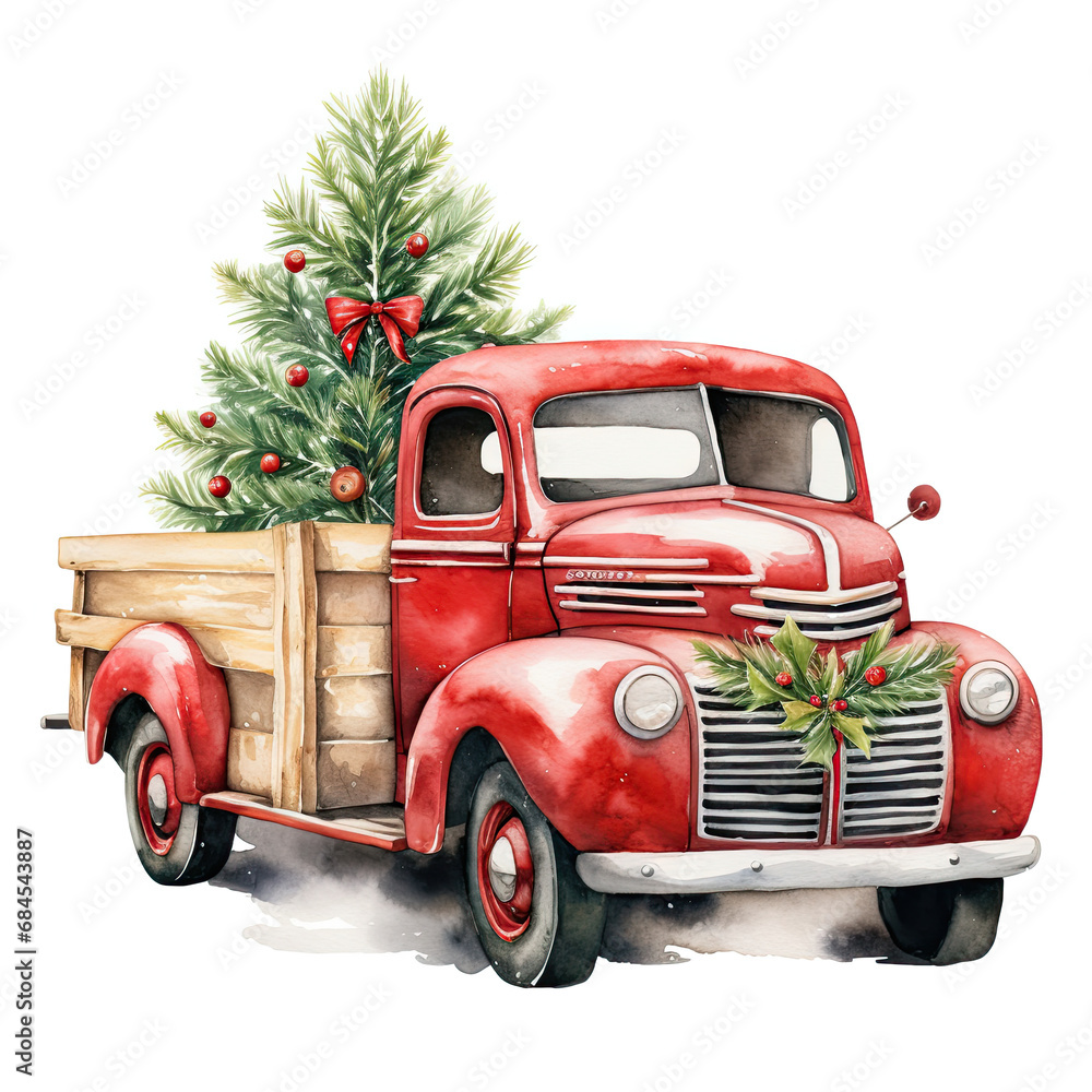 watercolor Vintage Red Christmas classic Truck carrying a Christmas ...