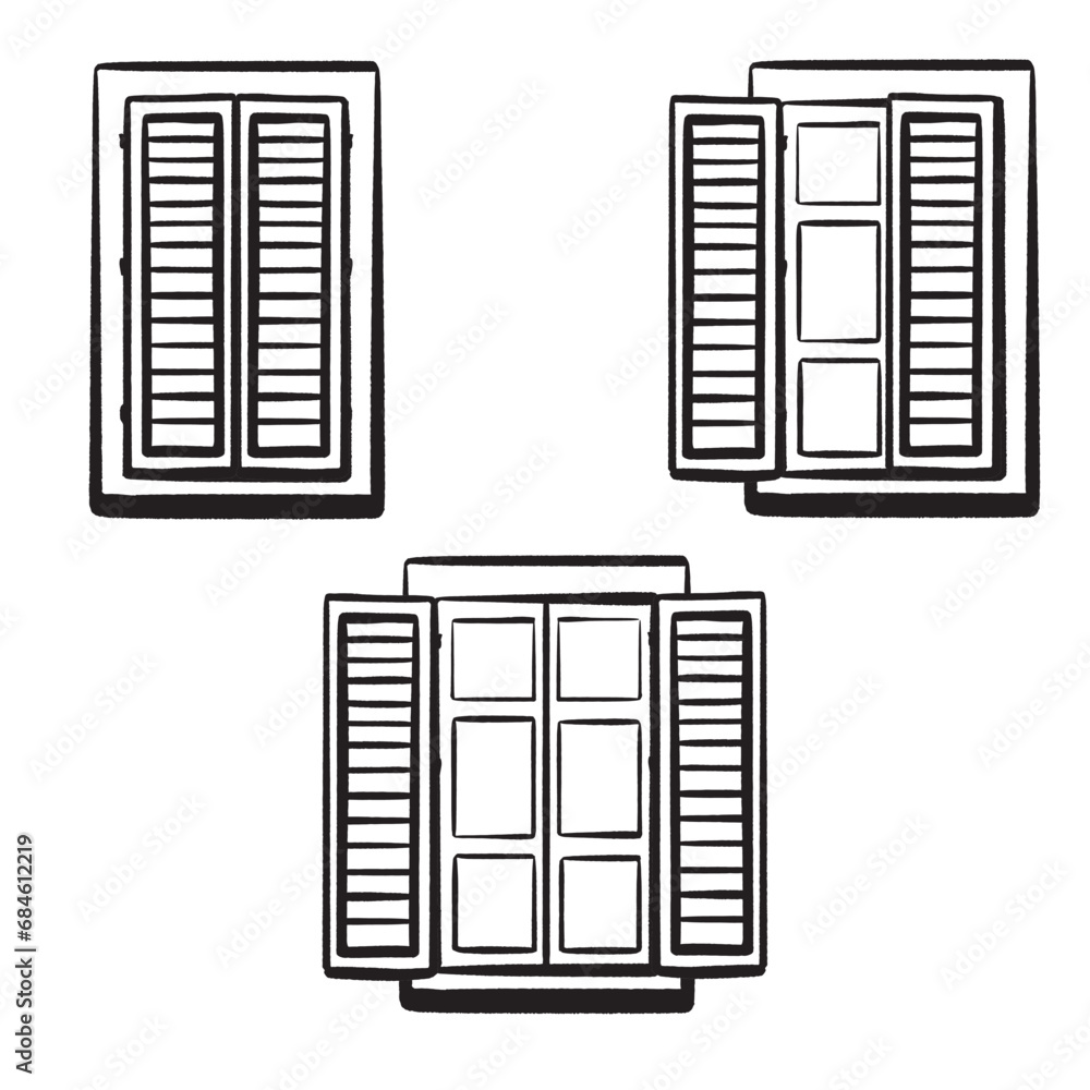 Set. Different open closed windows. Ink hand-drawn vector. Italian ...