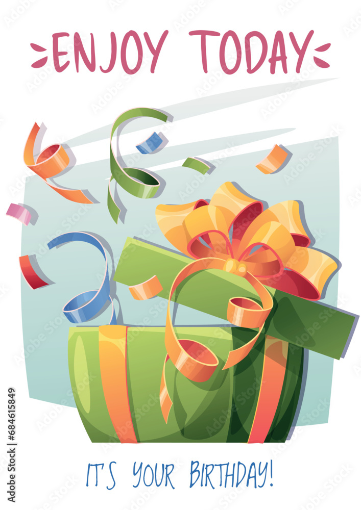 Birthday greeting card template. Banner, flyer with open gift box with ...