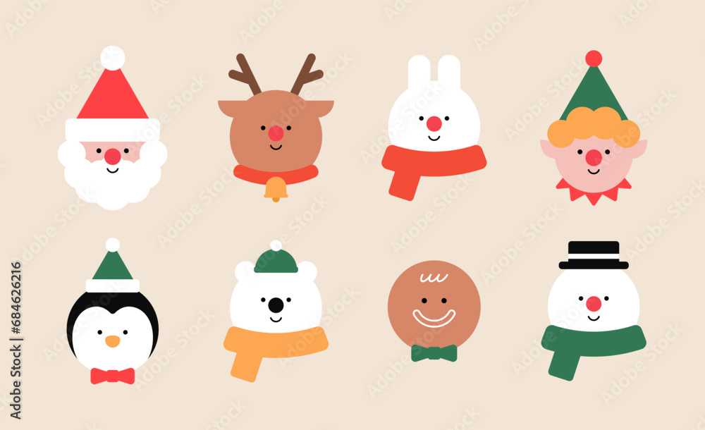 Merry Christmas character face set. Xmas avatar. Santa Claus, Animal ...