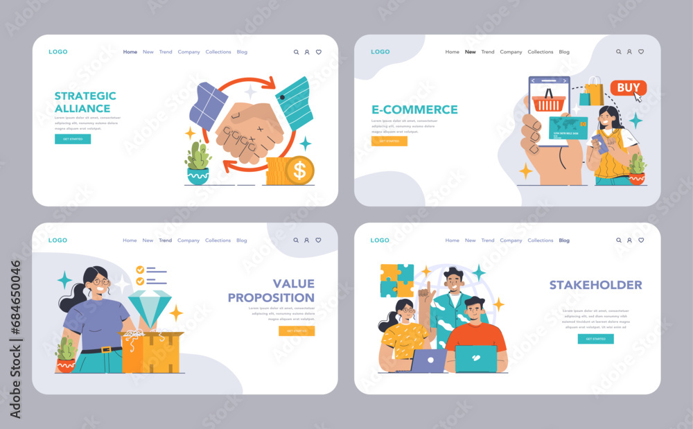B2B commerce web or landing set. Business characters engaging in online ...