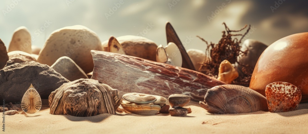 Ancient fossils on display at a museum highlighting the findings of ...
