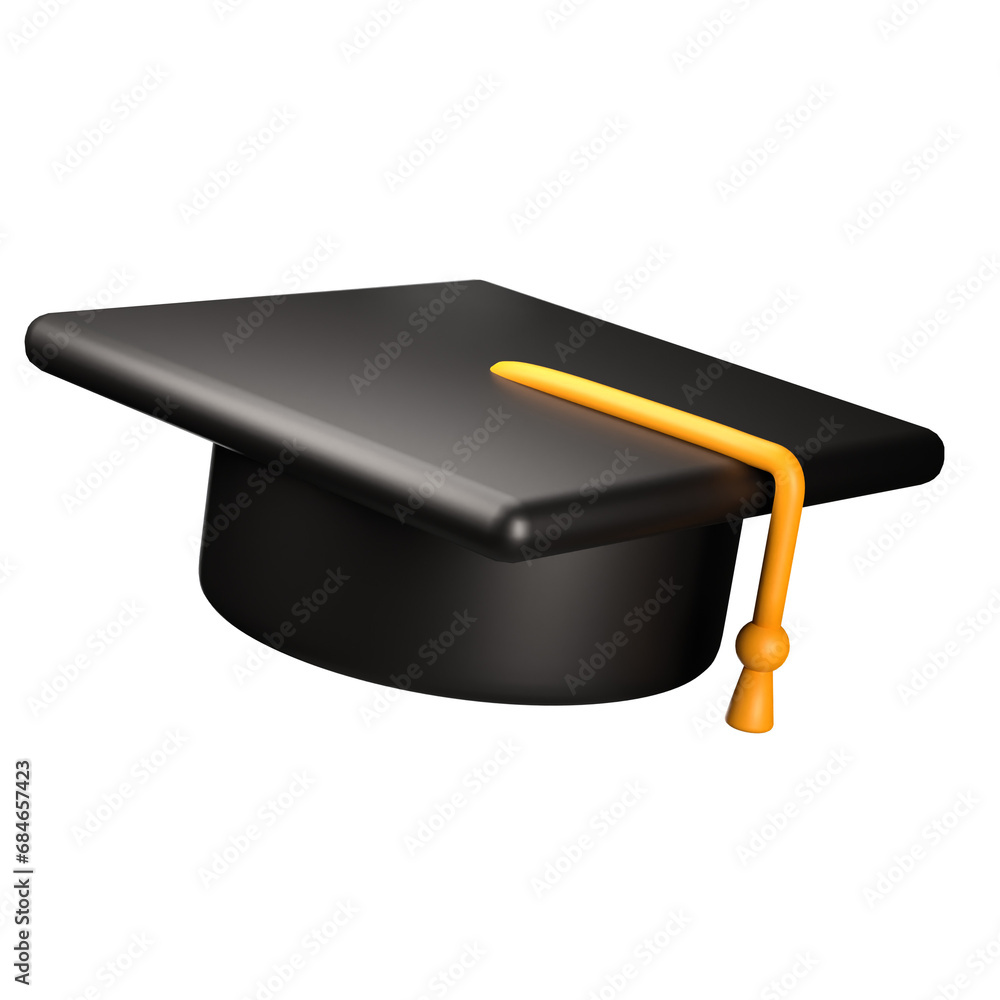 graduation cap and diploma in 3d icon, cute realistic plastic render ...