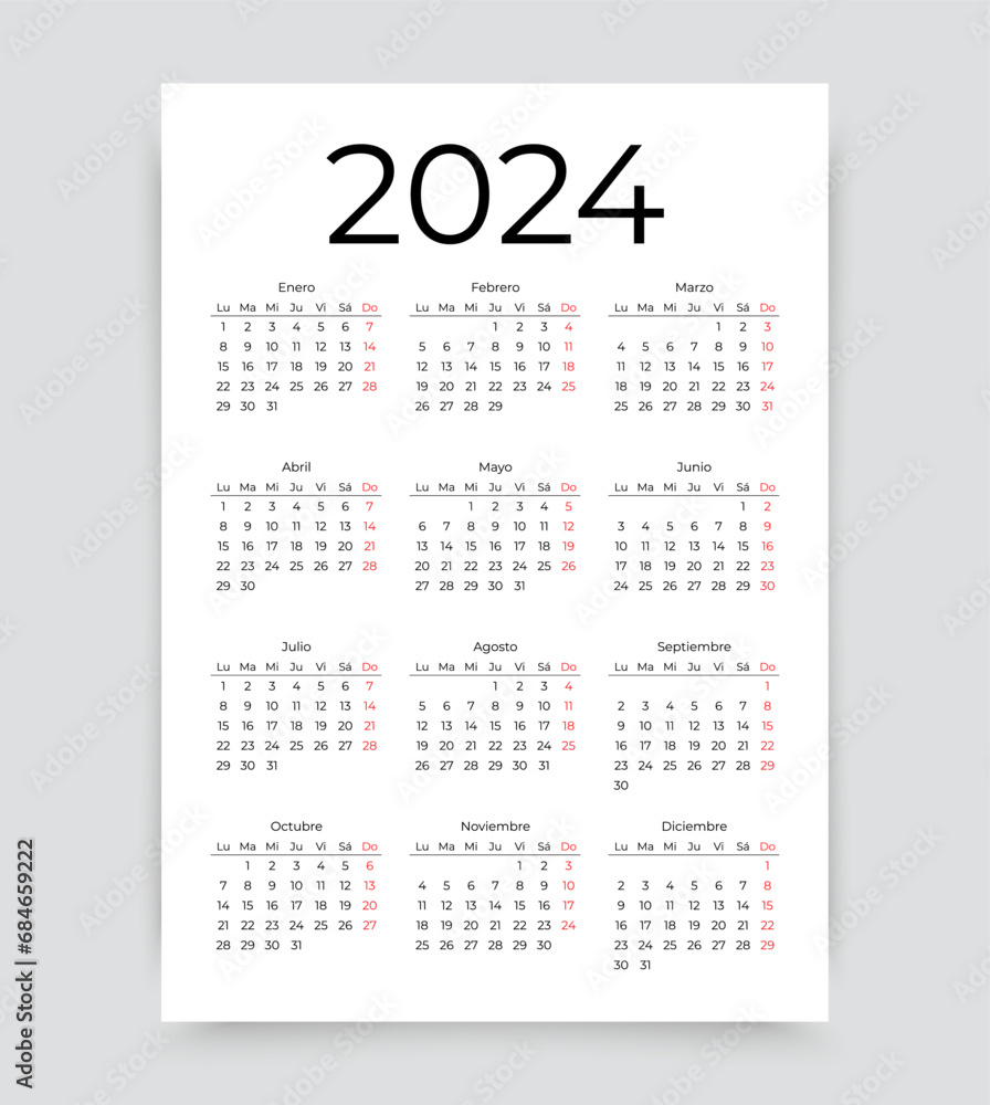 2024 Spanish calendar for year. Pocket or wall calender layout with 12 ...