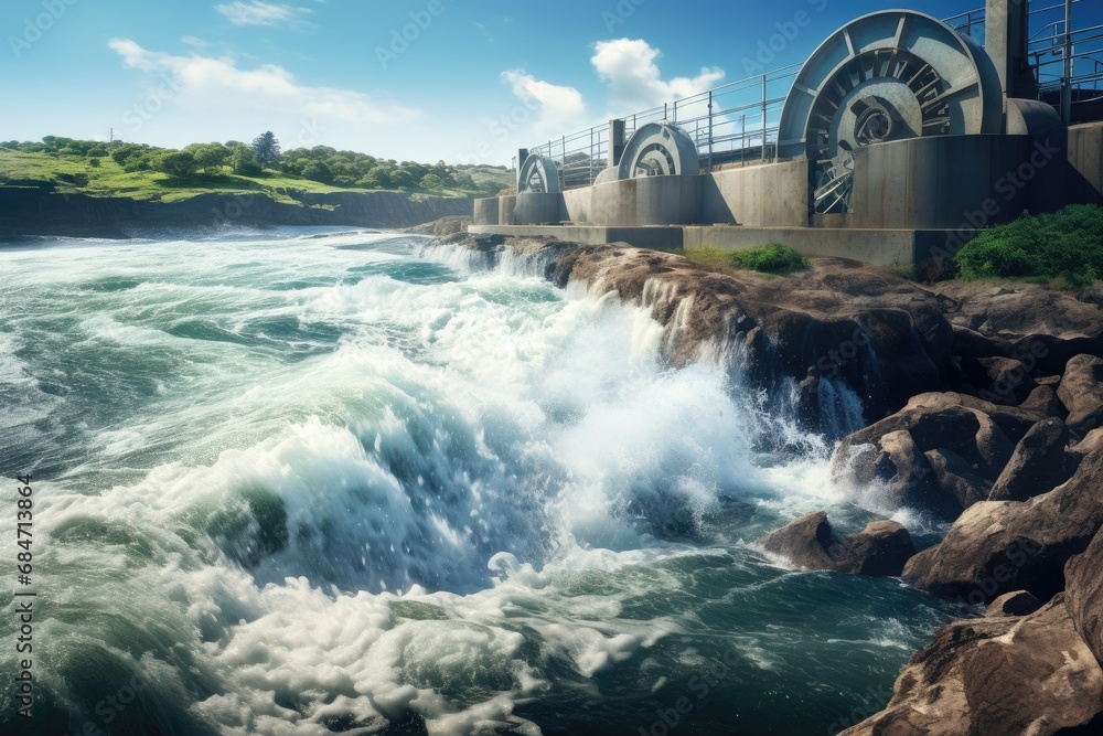 Hydroelectric dam generating energy with powerful water flow. Renewable ...