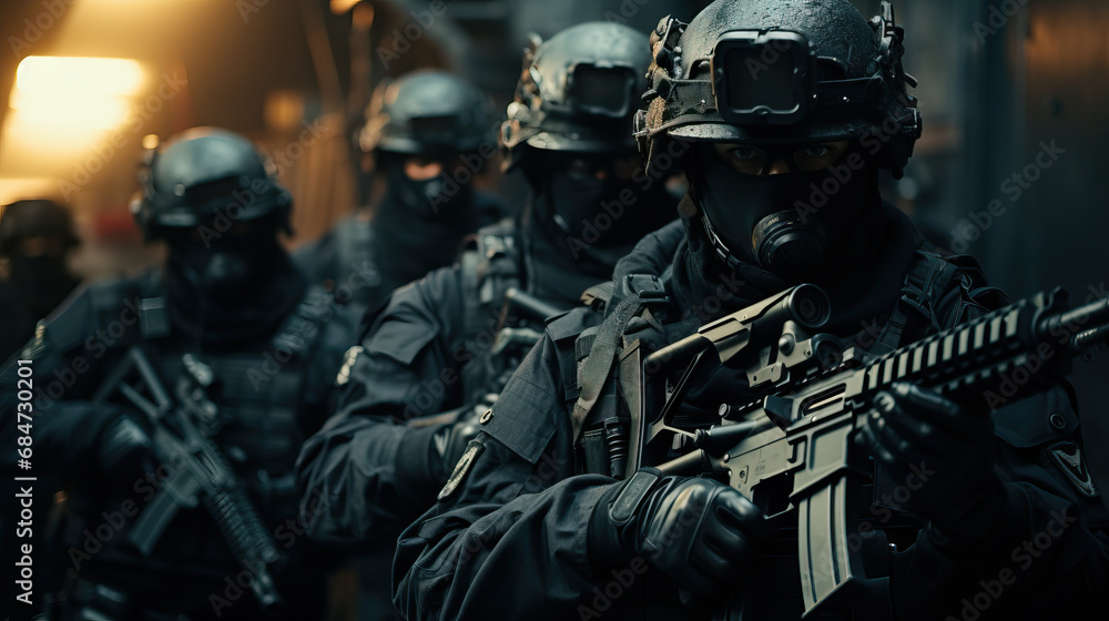 SWAT Team Action: Police Officers with Guns Storming In as a Group ...