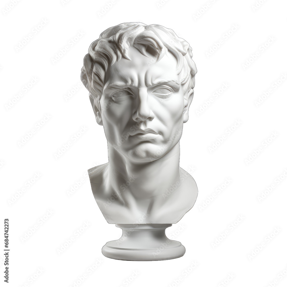 Bust, white plaster statue head isolated on transparent and white ...