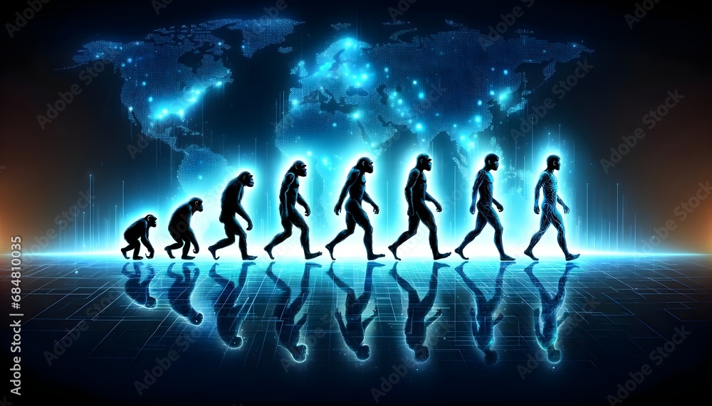 The image illustrates the evolution of man in silhouette, transitioning ...