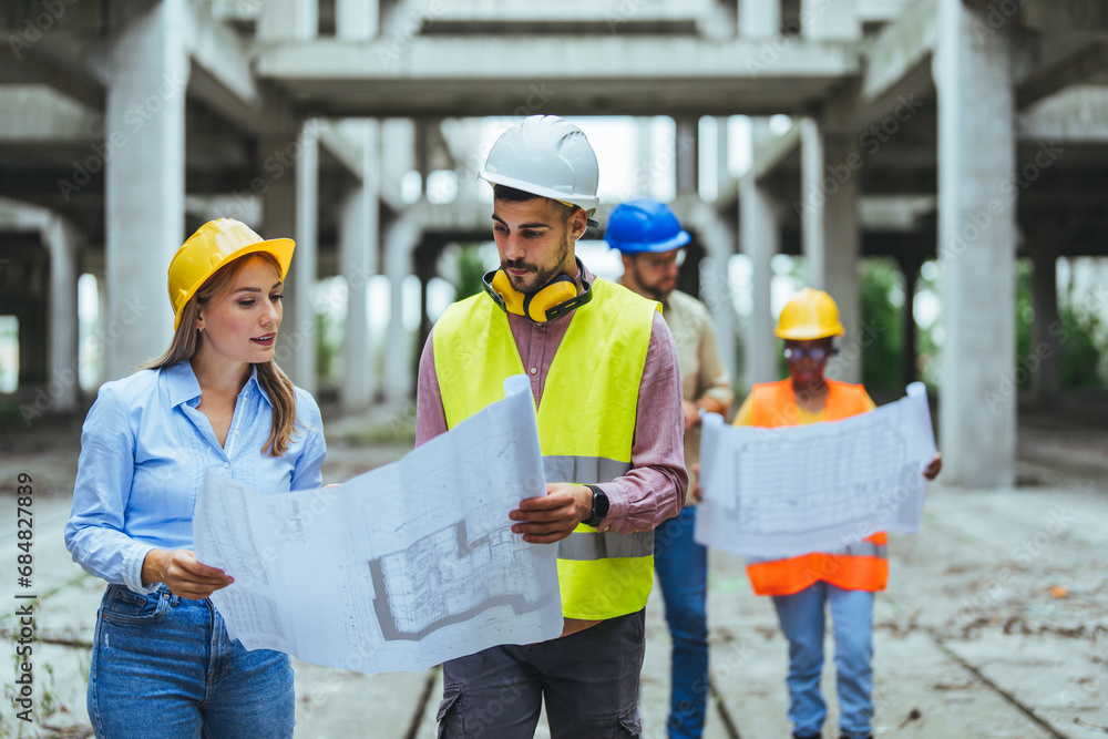 Group Construction workers looking at blueprints on construction site ...