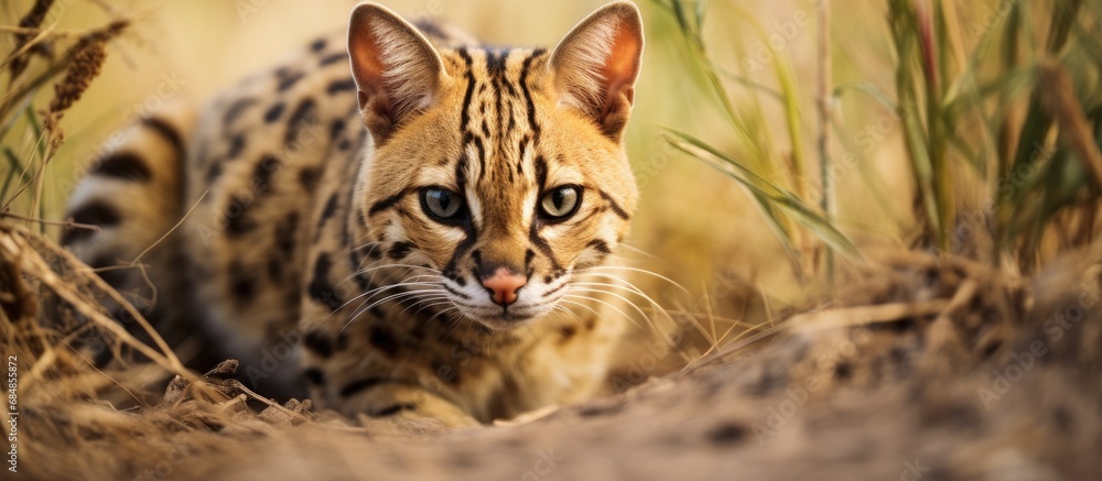 In the park, a brown spotted cat, a mammal known as a hyena, roamed ...