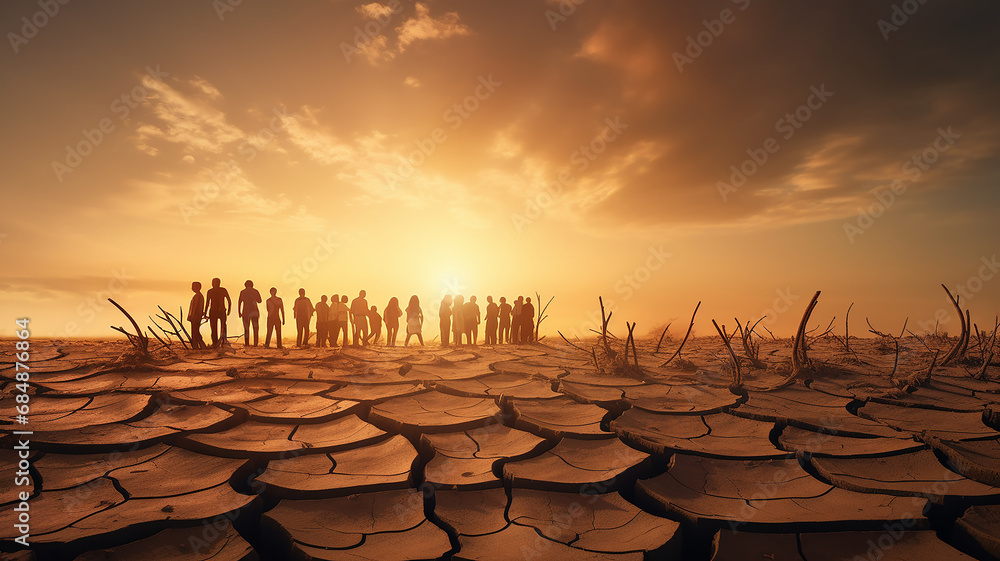 silhouette of a group of people at sunset in the desert, climate change ...