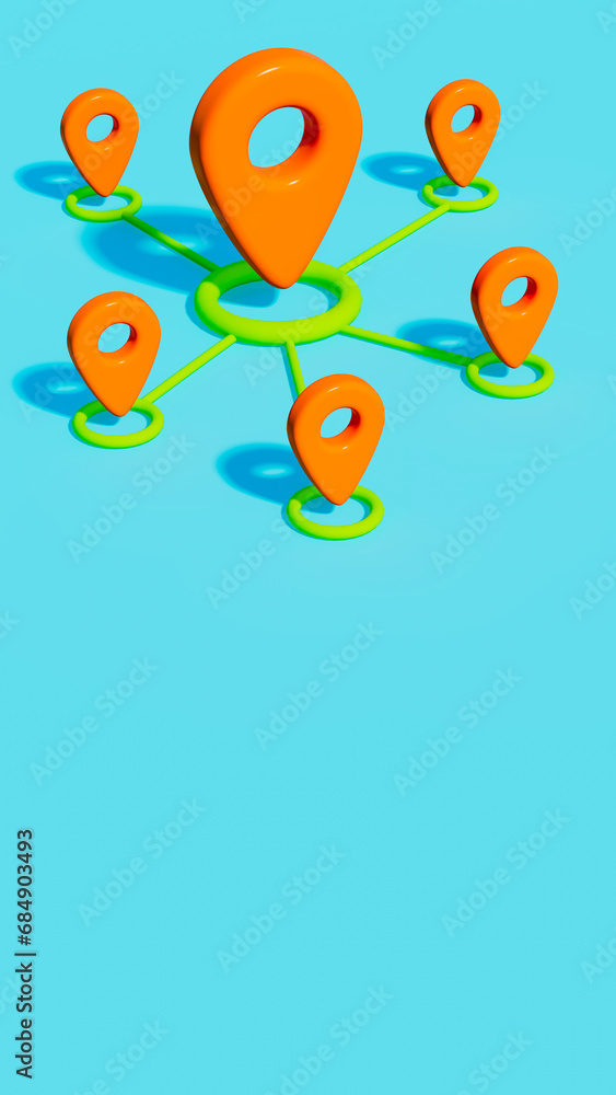 Six location pins connected by green roads on blue stage, theme of gps ...
