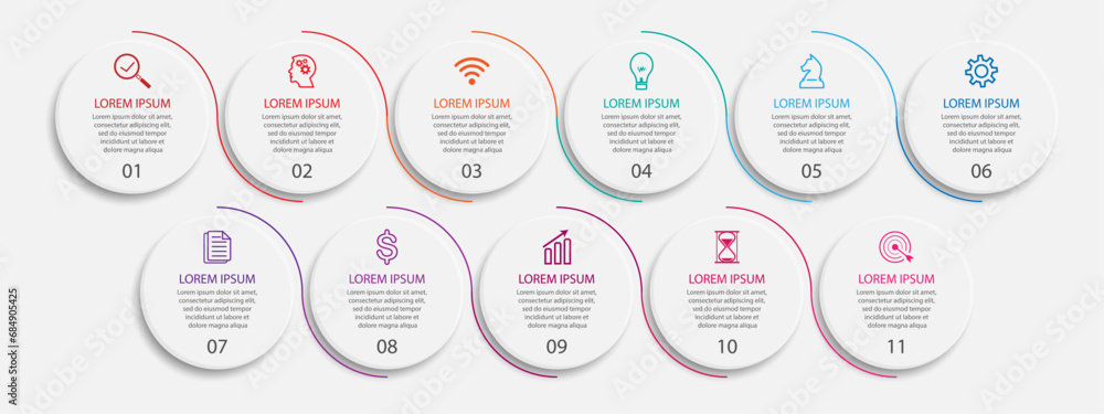 simple infographic vector design 11 steps or parts, circles with thin ...