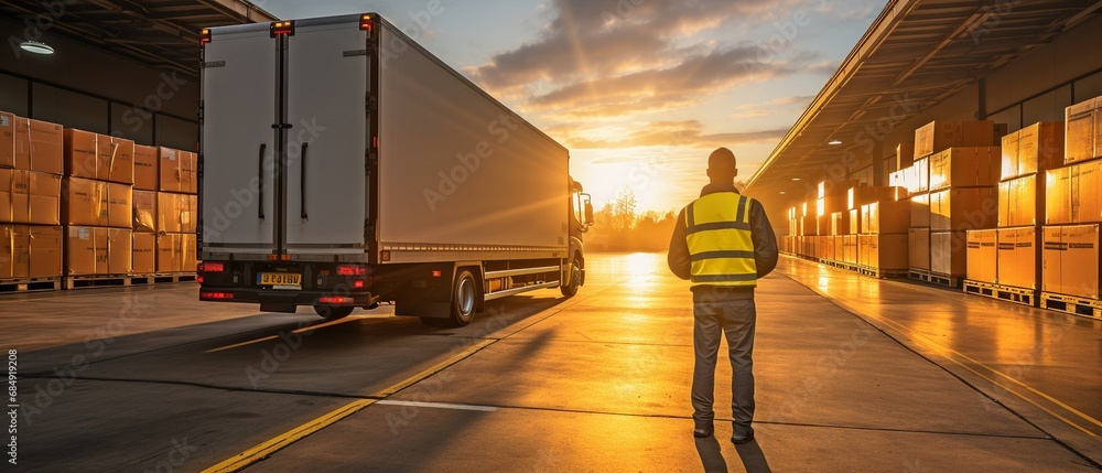 An employee of a warehouse is loading shipment boxes into a cargo ...