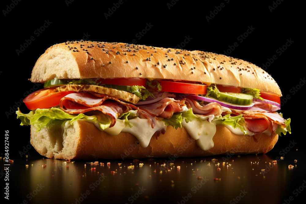 Big deli sub sandwiches, packed with ham, cheese, bacon, lettuce ...