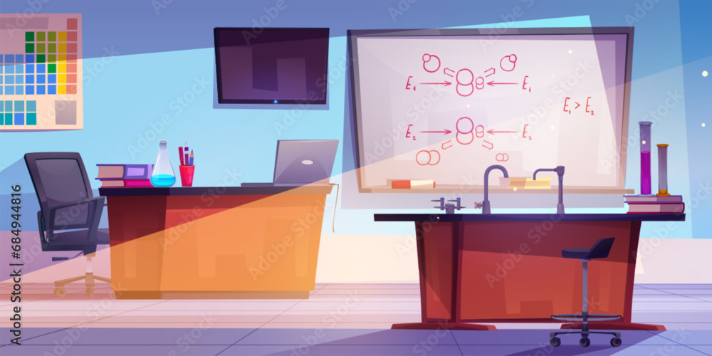 Chemistry classroom interior with equipment. Vector cartoon ...