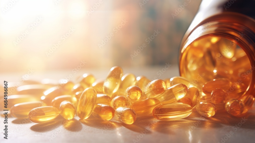 Vitamin D capsule tablets in sunlight. Omega 3 fish oil capsules and a ...
