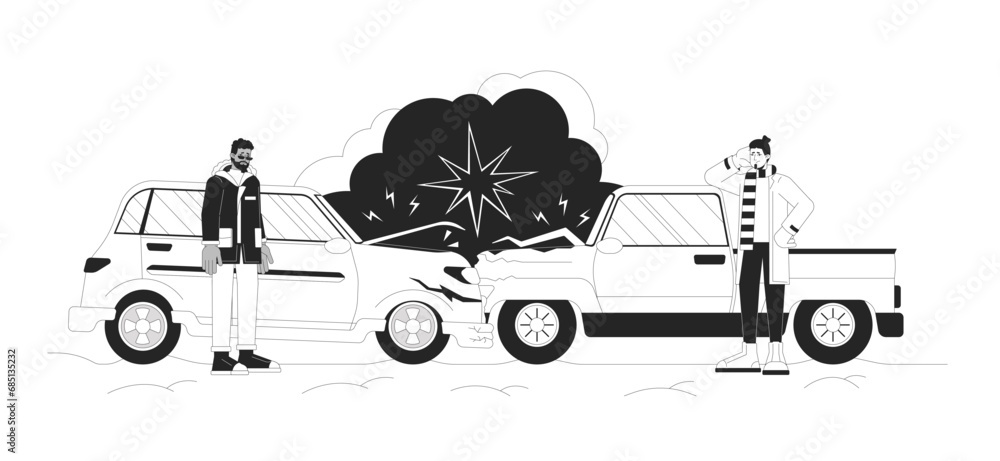 Multi-vehicle accident during winter storm black and white cartoon flat ...