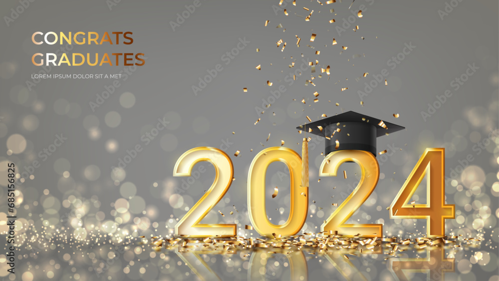 Design of banner for graduation 2024. Class of 2024. Golden numbers ...