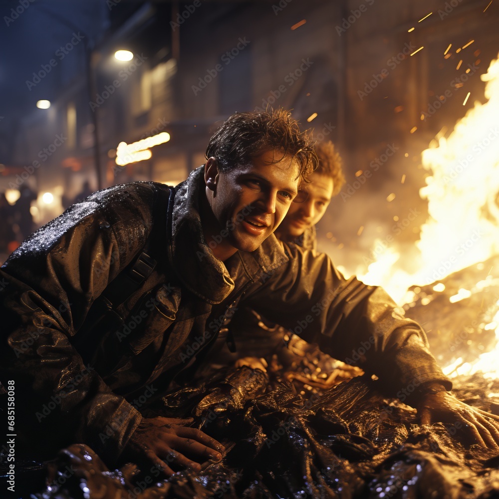 Male firefighter among fire and smoke, dangerous work of fire brigade ...