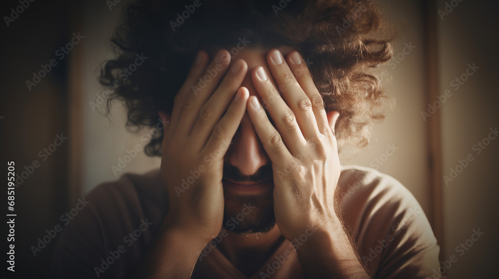 Man close his face by hands. Stock Photo | Adobe Stock
